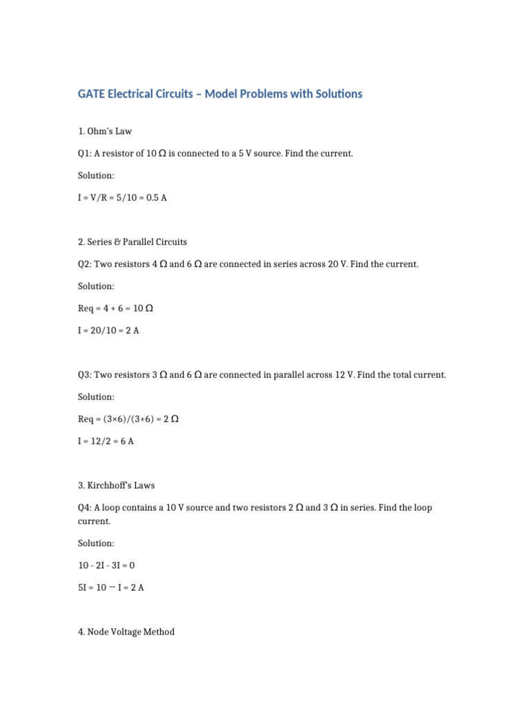 GATE Electrical Circuits Model Problems | PDF | Series And Parallel ...