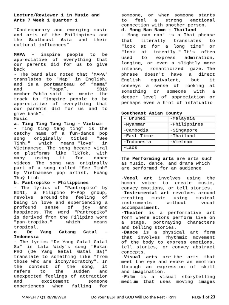 q1 Mapeh 7 Reviewer 2025 | PDF