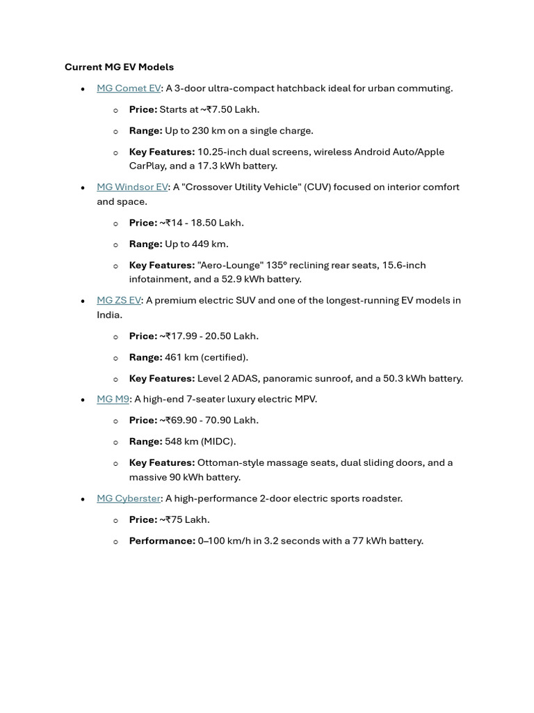 Current MG EV Models | PDF