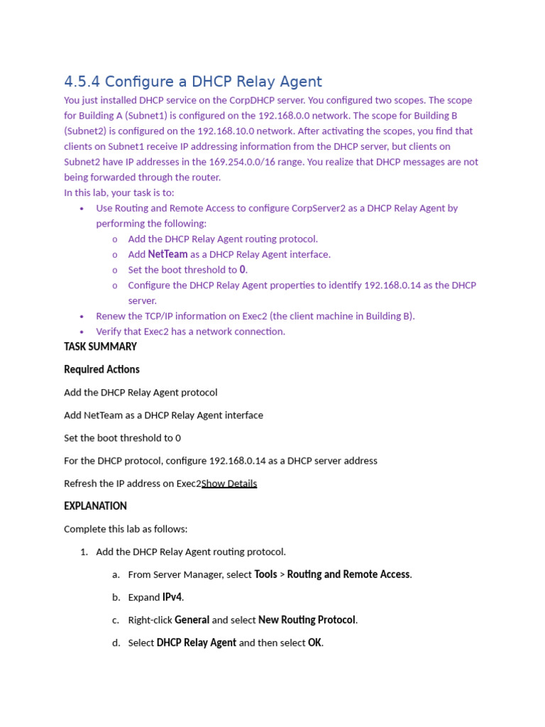 4.5.4 Configure A DHCP Relay Agent | PDF | Ip Address | Computer Network