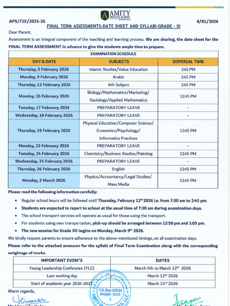 Aps-Grade Xi-Date Sheet and Syllabi | PDF