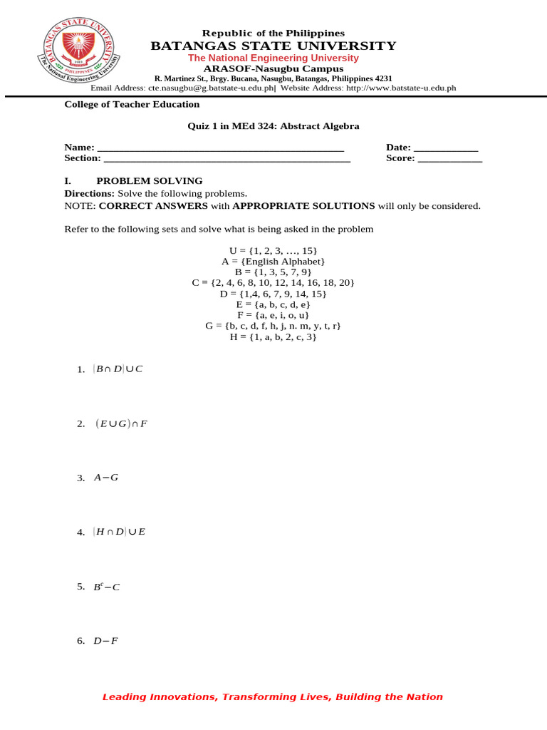 Quiz 1 in MEd 324 | PDF | Set (Mathematics) | Group (Mathematics)