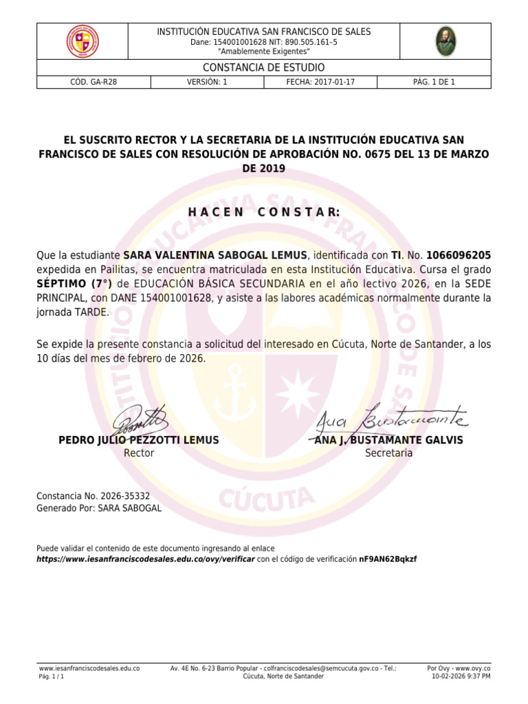 Constancia de Estudio Sara Valentina Sabogal Lemus 2026 | PDF