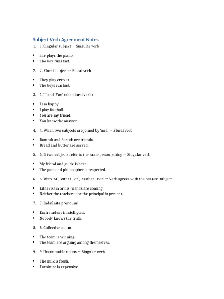 Subject Verb Agreement Notes | PDF