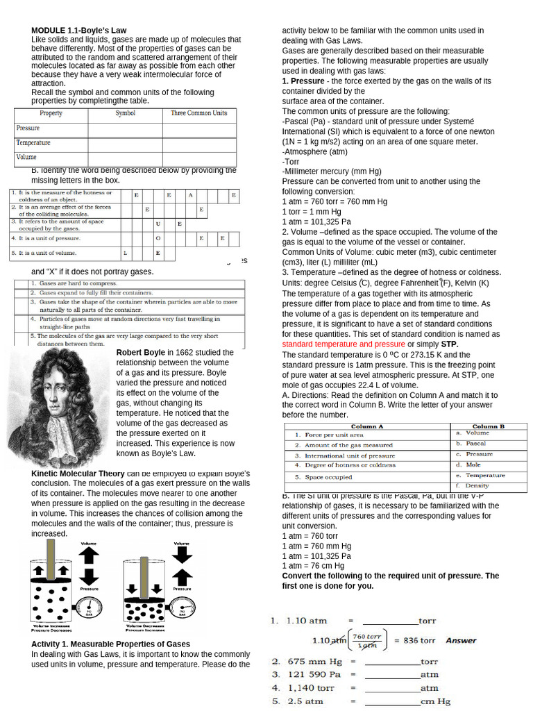 MODULE 1.1 Boyles Law Activity Sheet | PDF | Gases | Pressure