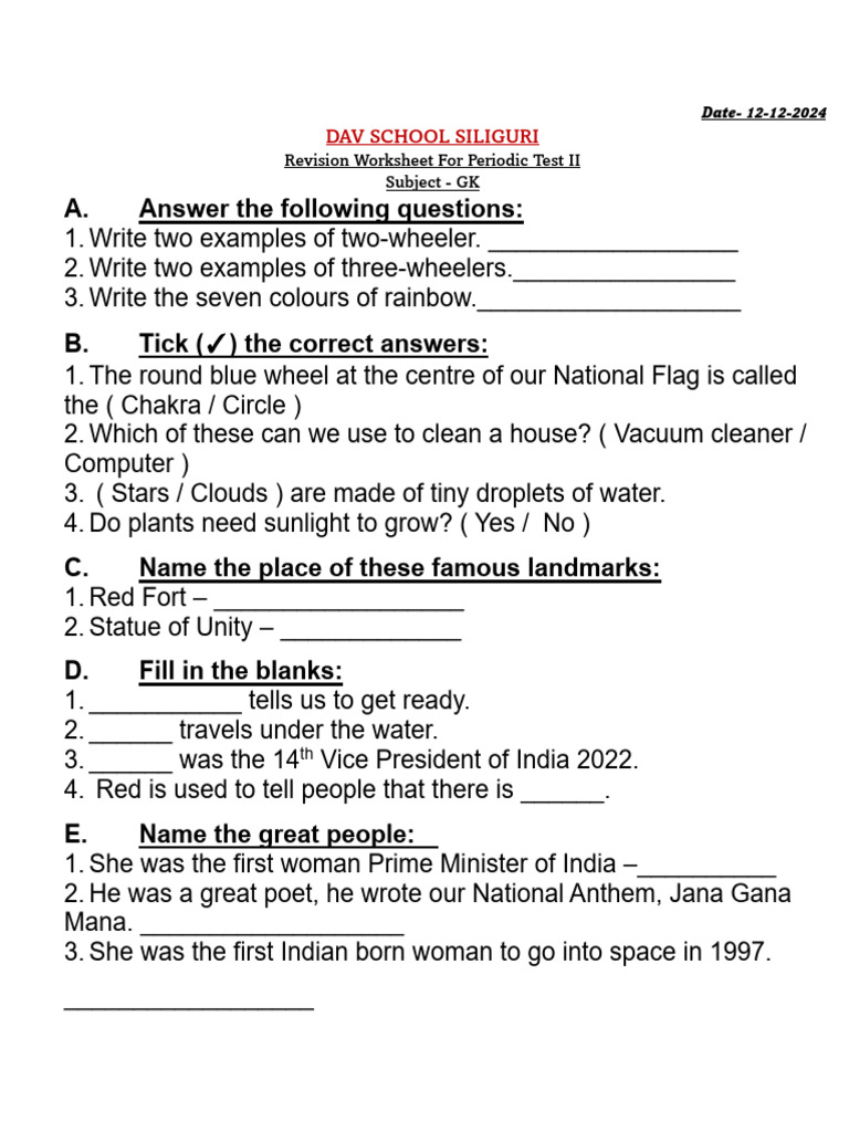 GK Revision Worksheet | PDF