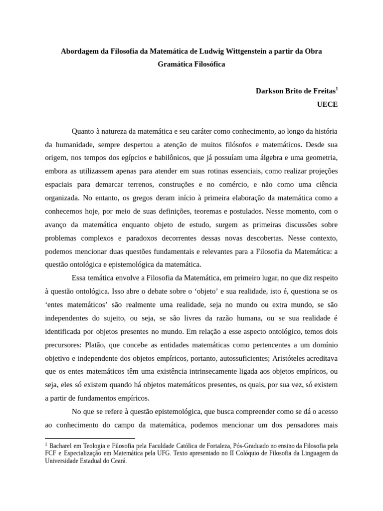 DARKSON, Abordagem Da Filosofia Da Matemática de Wittgenstein | PDF ...