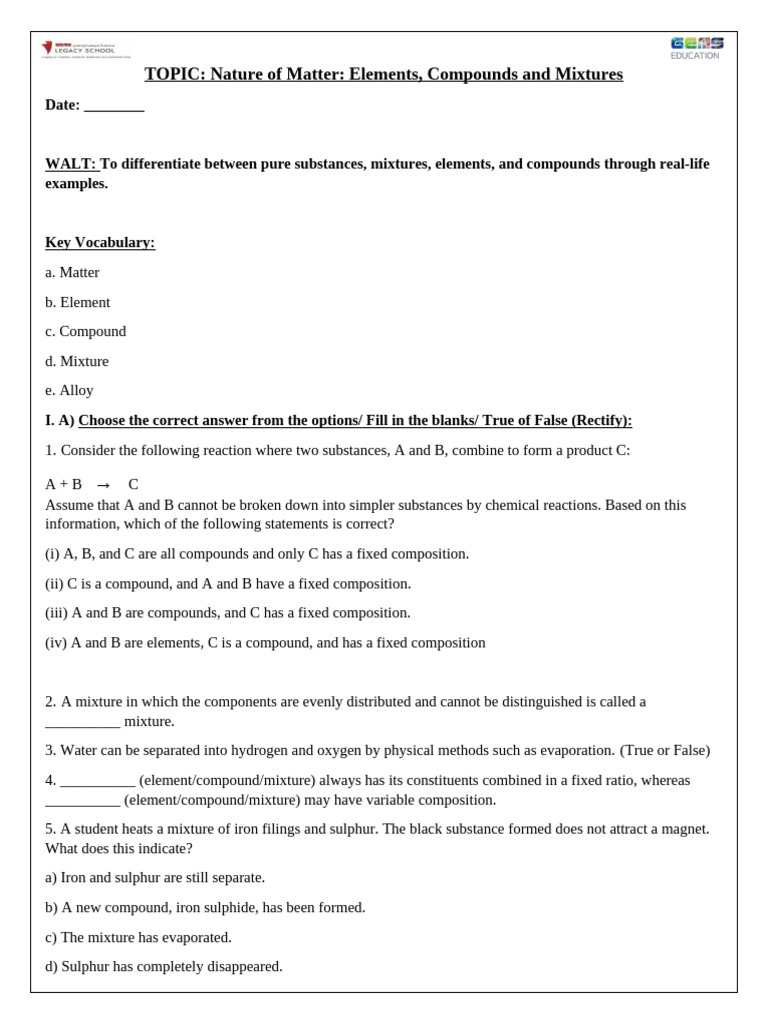 Nature of Matter - NB Work | PDF | Chemical Substances | Chemical Compounds