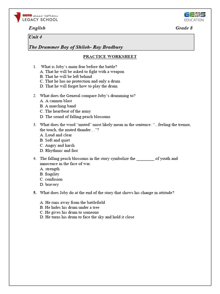 The Drummer Boy of Shiloh Practice - Worksheet | PDF