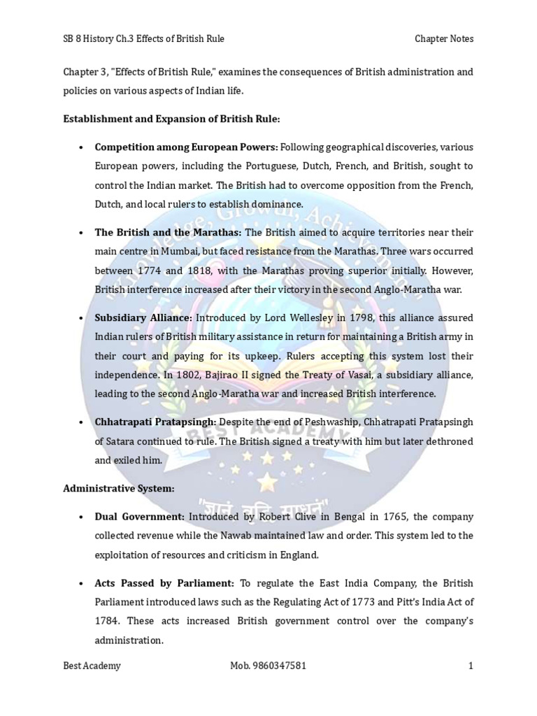 SB 8 History Ch. 3 Effects of British Rule Chapter Notes | PDF ...