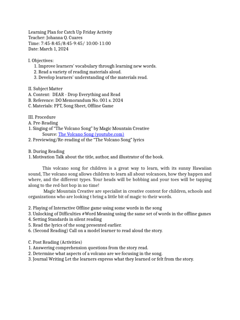 Learning Plan for Catch Up Friday Activity | PDF