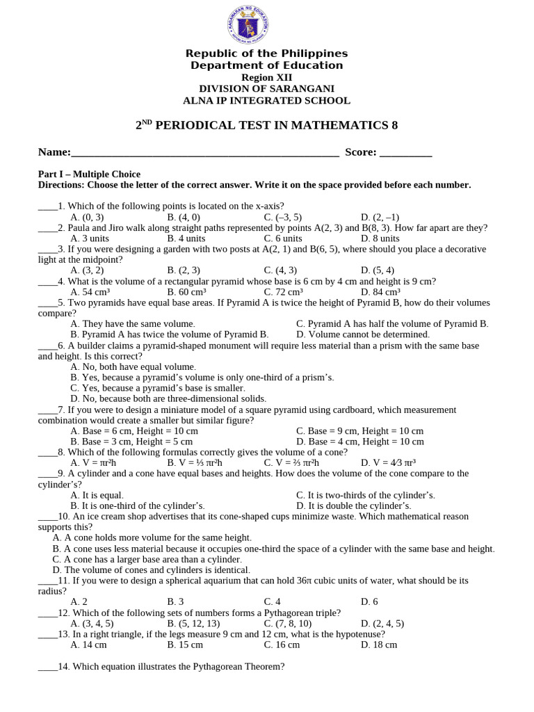 DTC - PT - q2 Mathematics 8 Matatag With Tos Key | PDF | Triangle ...