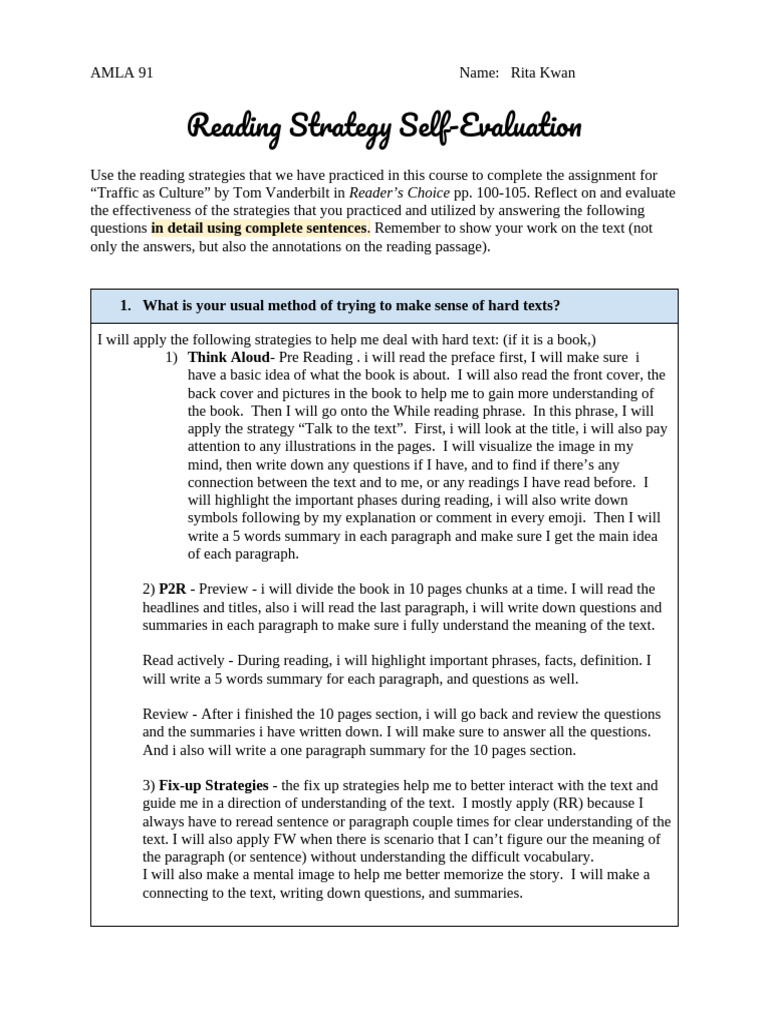 Reading Strategy Self-Evaluation | PDF | Books | Paragraph
