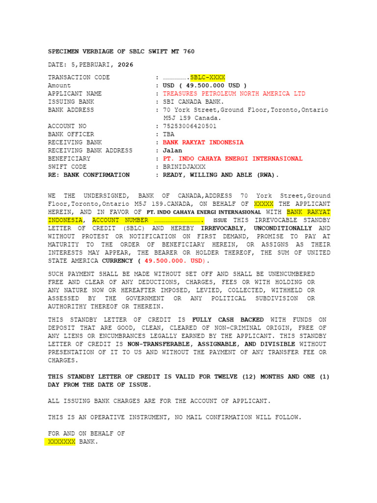 SBLC Woording Payment Swift MT 760' | PDF