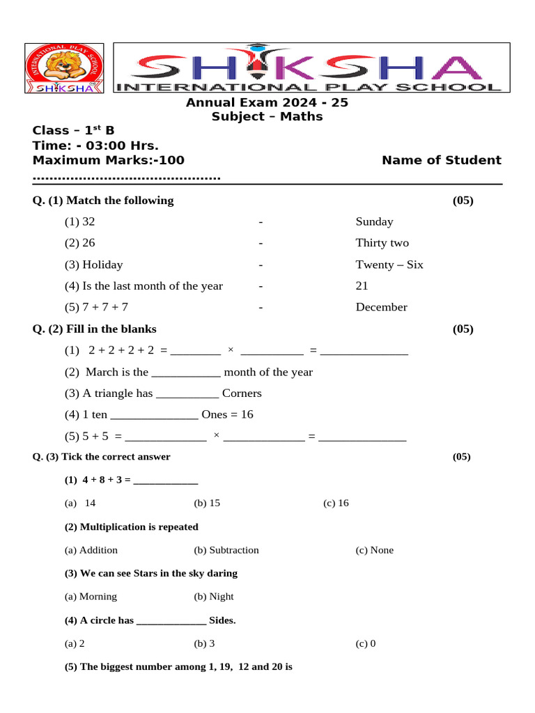 1ST B Maths class 1st maths maths ka paper | PDF | Mathematics | Arithmetic