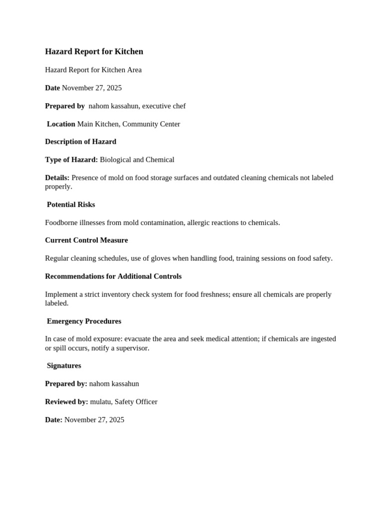 Hazard Report For Kitchen | PDF