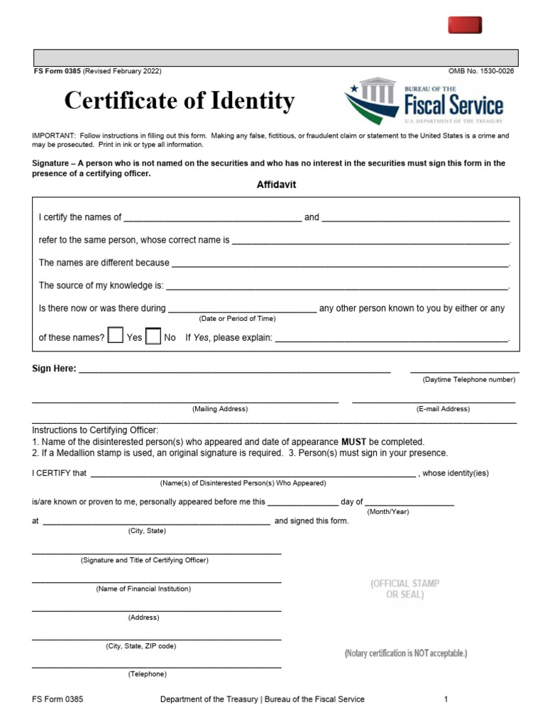 FS Form 0385 Certificate of Identity | PDF | Securities (Finance ...