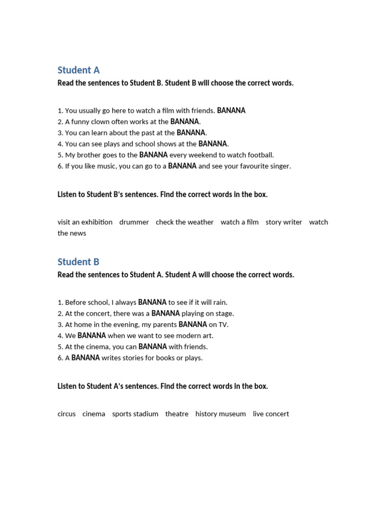 Pairwork BANANA Activity | PDF