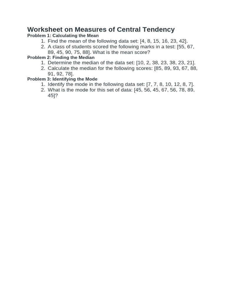 Worksheet On Measures of Central Tendency | PDF