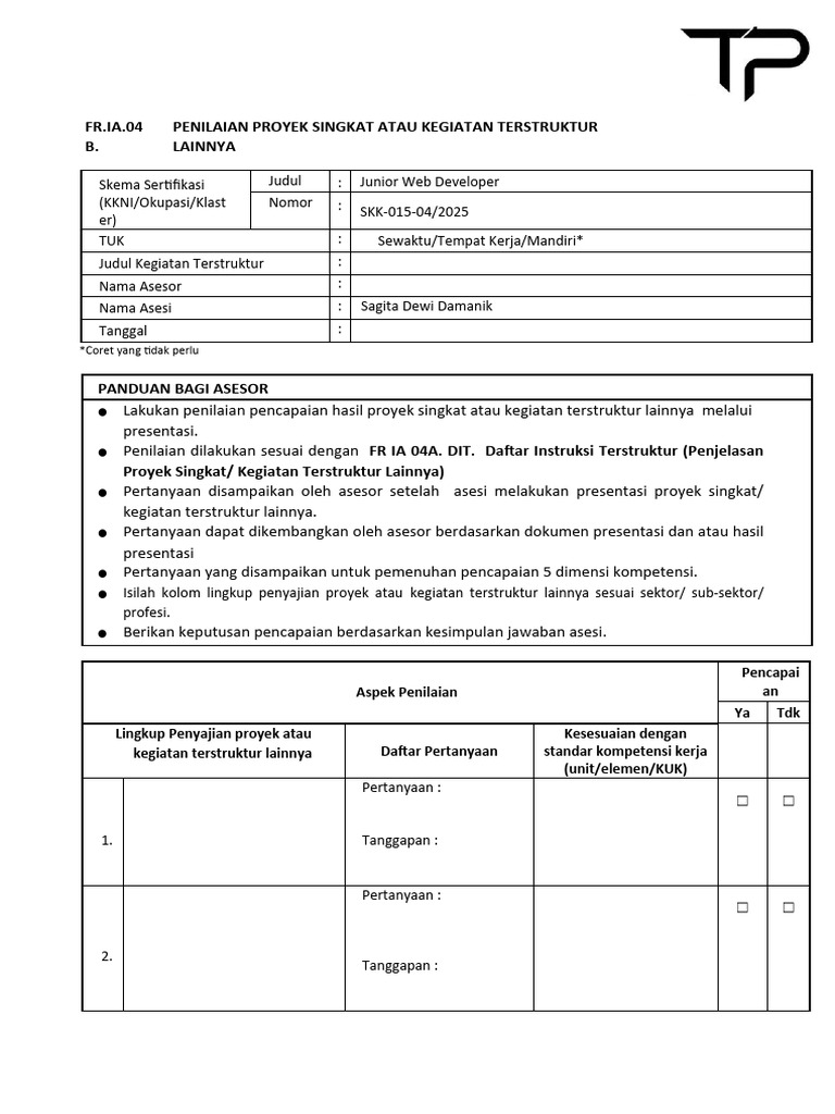 Salinan 13.b. FR - Ia.04b. Penilaian Proyek Singkat Atau Kegiatan ...