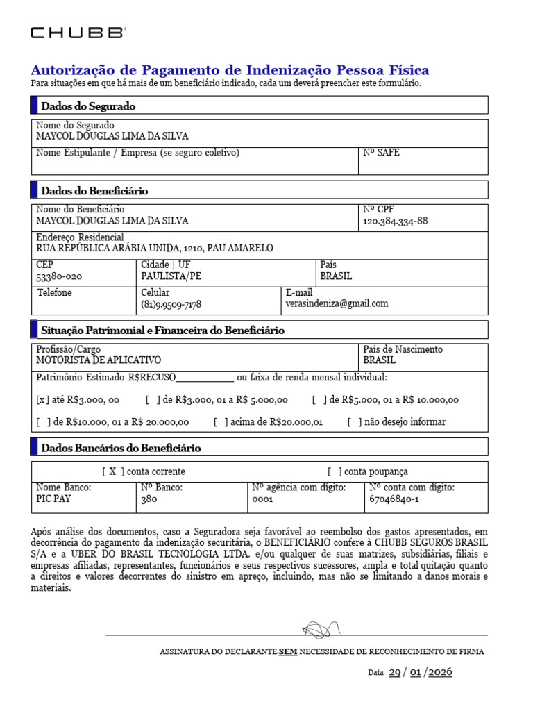 Formulario Chubb Maycol Douglas | PDF