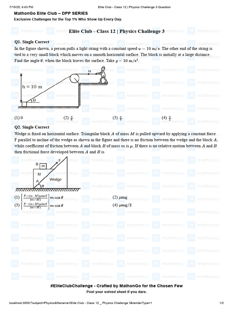 Elite Club - Class 12 - Physics Challenge 3 Question | PDF | Force ...