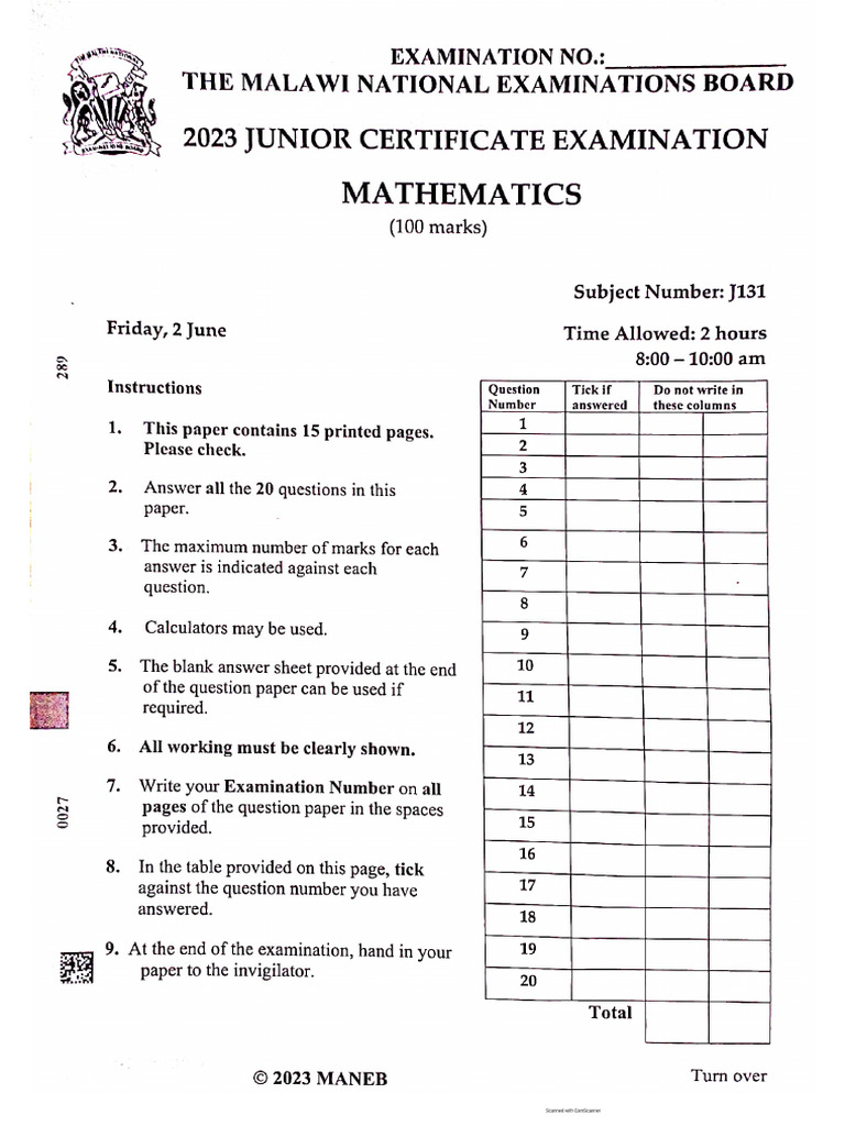 2023 Jce Maths Maneb | PDF
