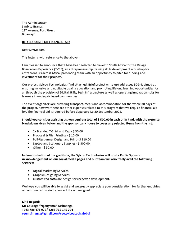 Simbisa Brands (Sponsorship Request Letter) | PDF