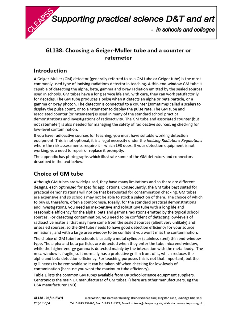 GL138 Choosing a Geiger Muller Tube and a Counter or Ratemeter | PDF ...