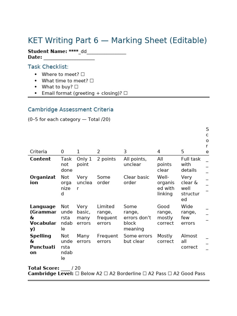 Ket Writing Marking Sheet | PDF | Grammar | Human Communication