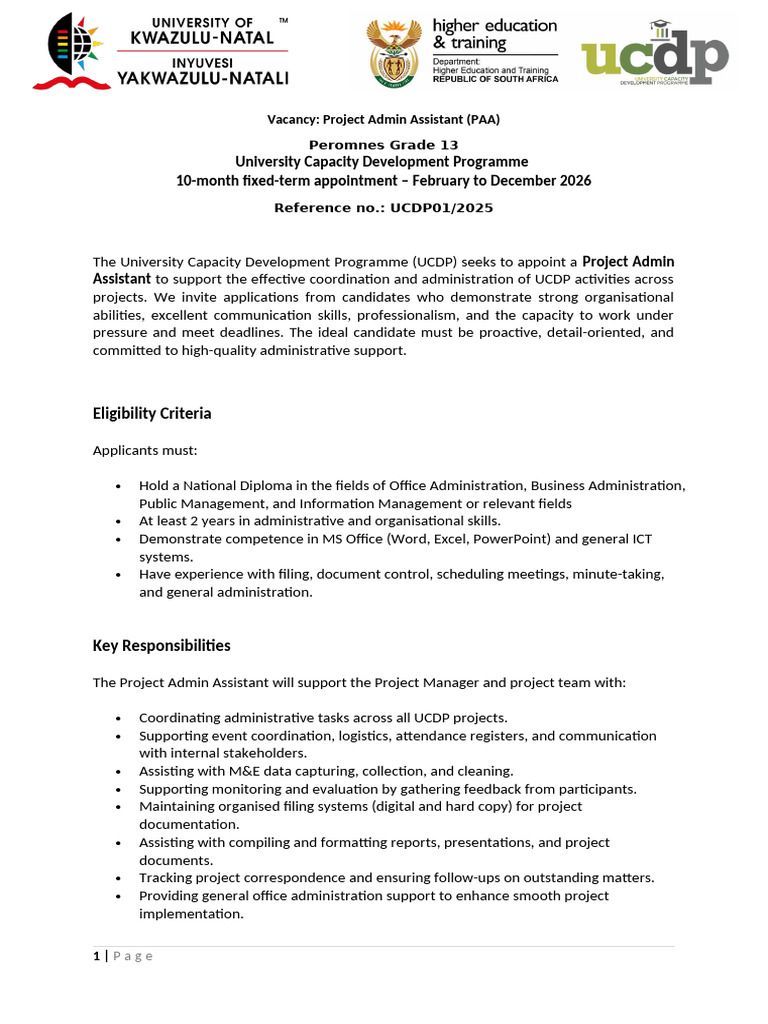 Advert Project Admin Assistant - Grade 13 | PDF