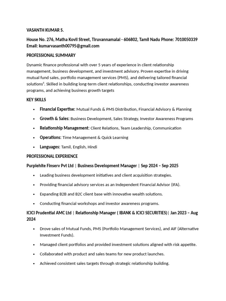 Vasanth Kumar S CV | PDF