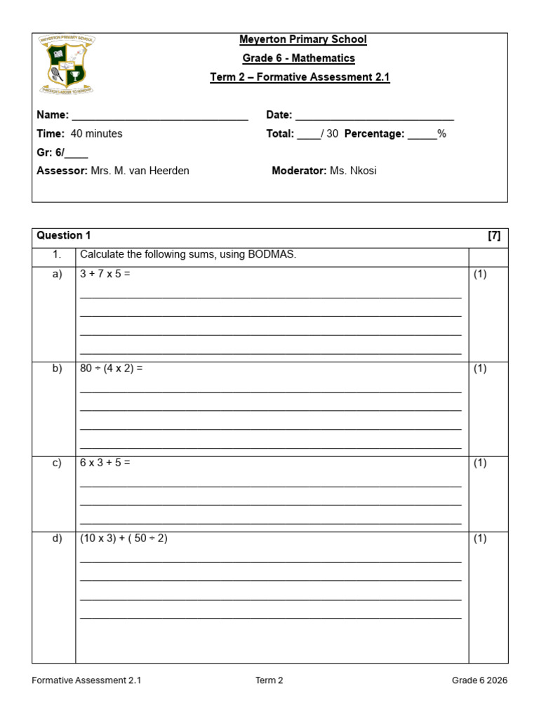 Formative 1 Term 2 Maths | PDF | Mathematics