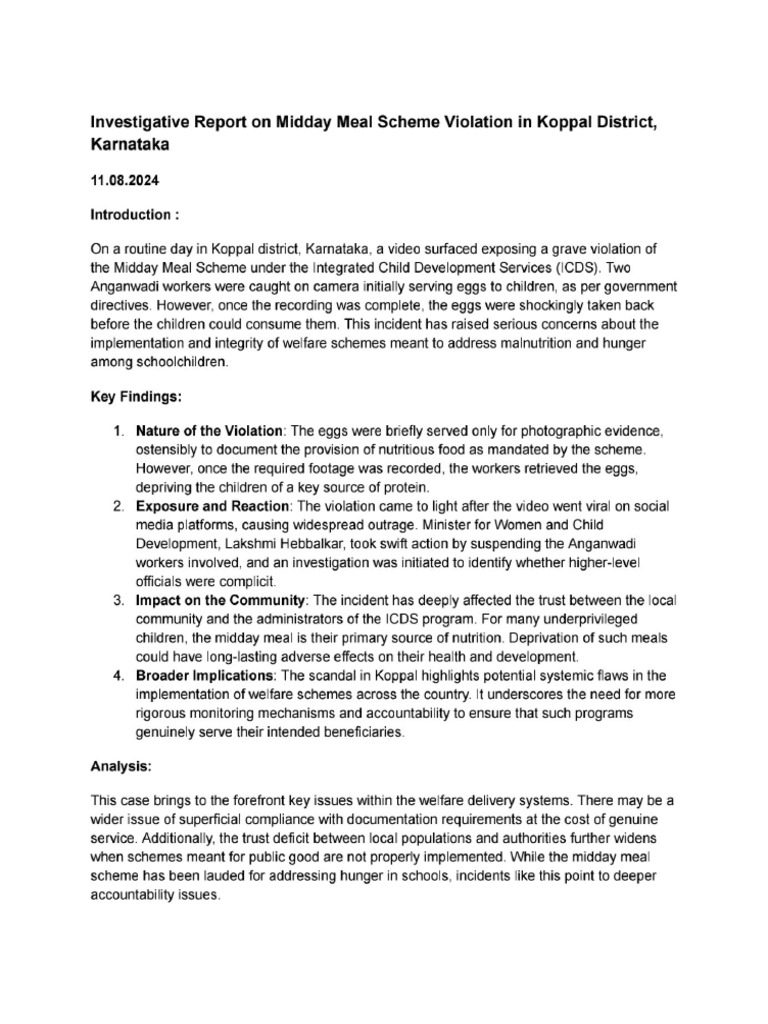 Investigative Report on Midday Meal Scheme Violation | PDF