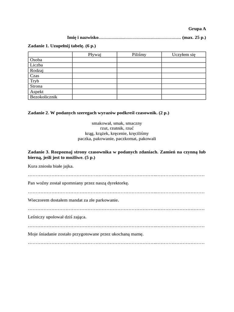 Sprawdzian Czasownik Klasa Vi | PDF