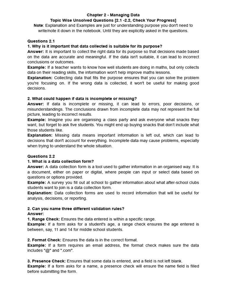 IGCSE 7 COMPUTING Chapter 2 - Managing Data - Topic Wise Unsolved ...