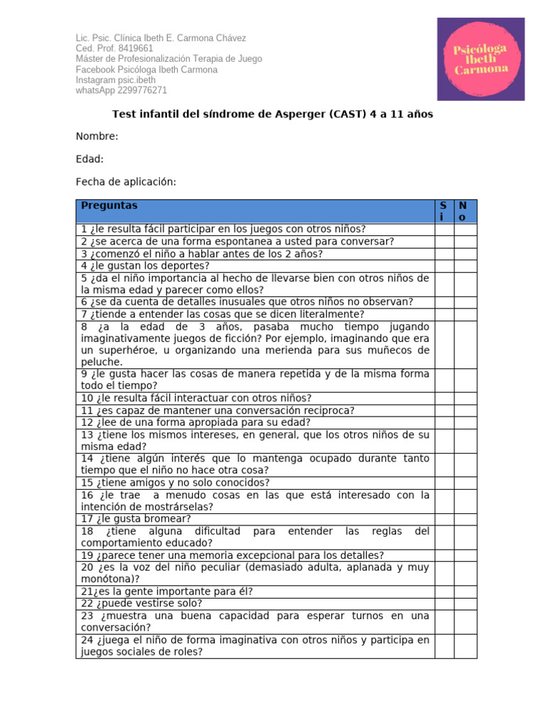 Test Infantil Del Síndrome de Asperger (CAST) 4 a 11 Años | PDF ...