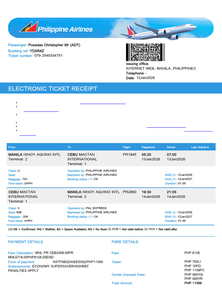 Electronic Ticket Receipt 13jan for Christopher Posadas (1) | PDF