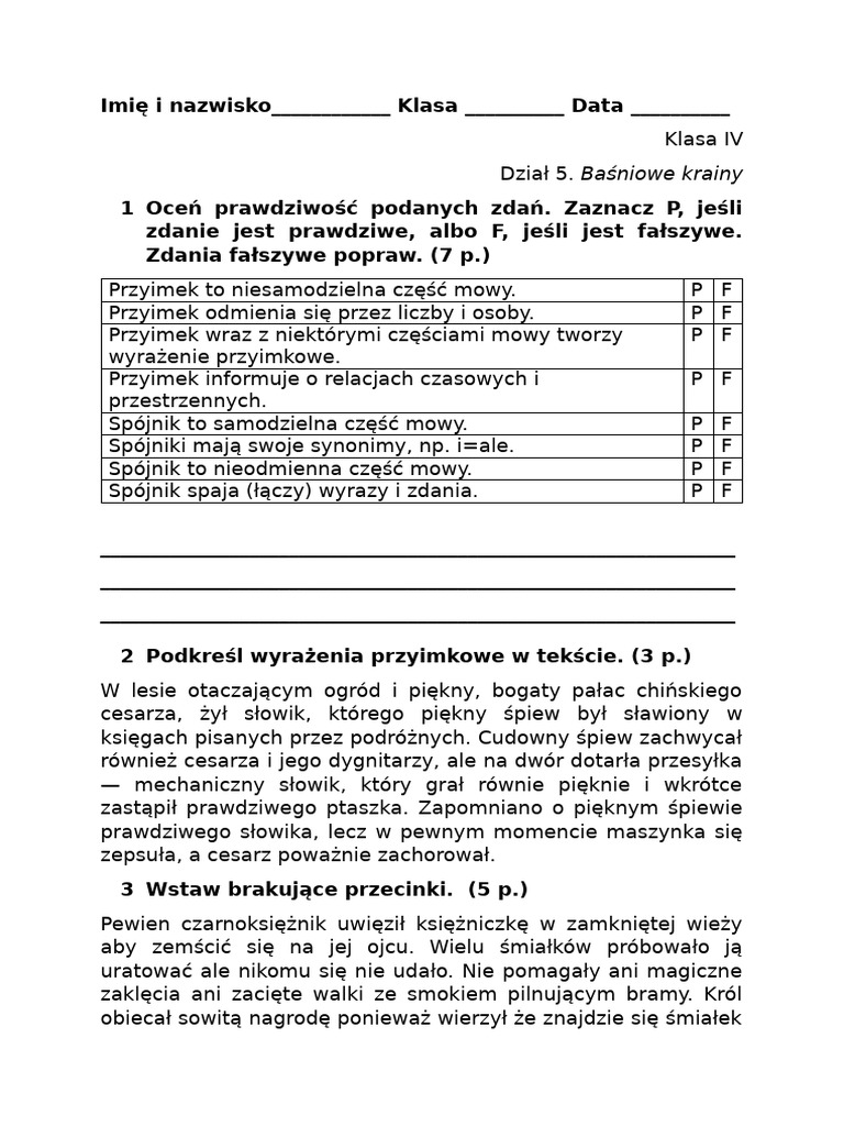 Baśniowe Krainy Sprawdzian Klasa 4 | PDF
