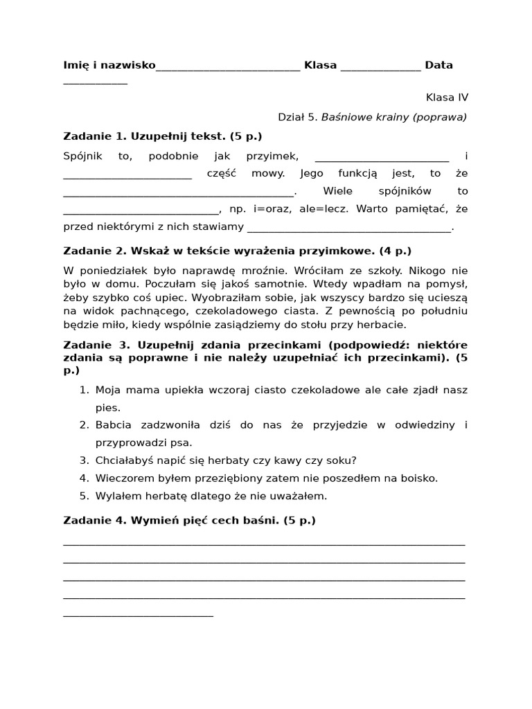 Poprawa Klasa 4 Baśniowe Krainy | PDF