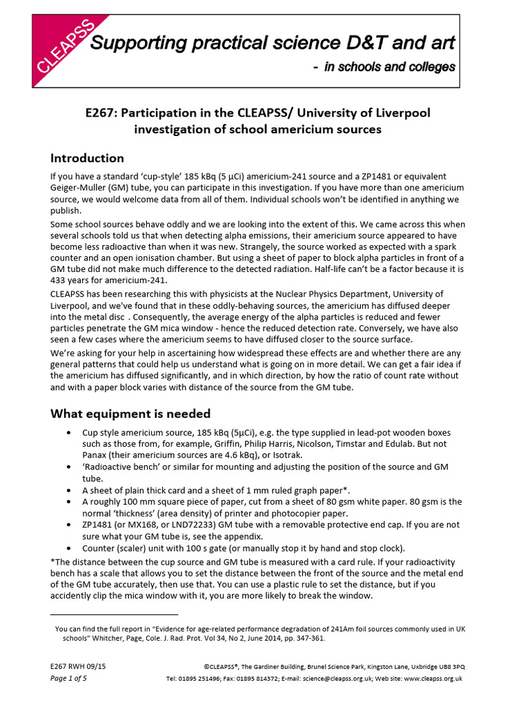 E267 Investigation of School Americium Sources | PDF | Radiation ...
