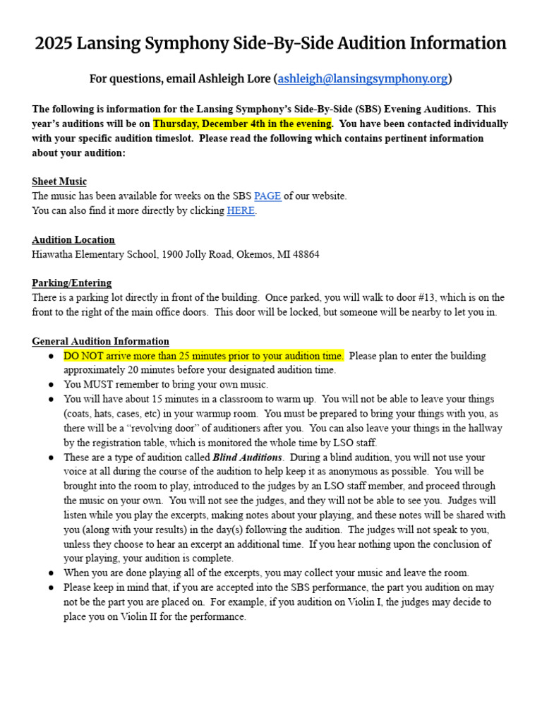 Lansing Symphony Side-By-Side Day of Audition Directions | PDF ...