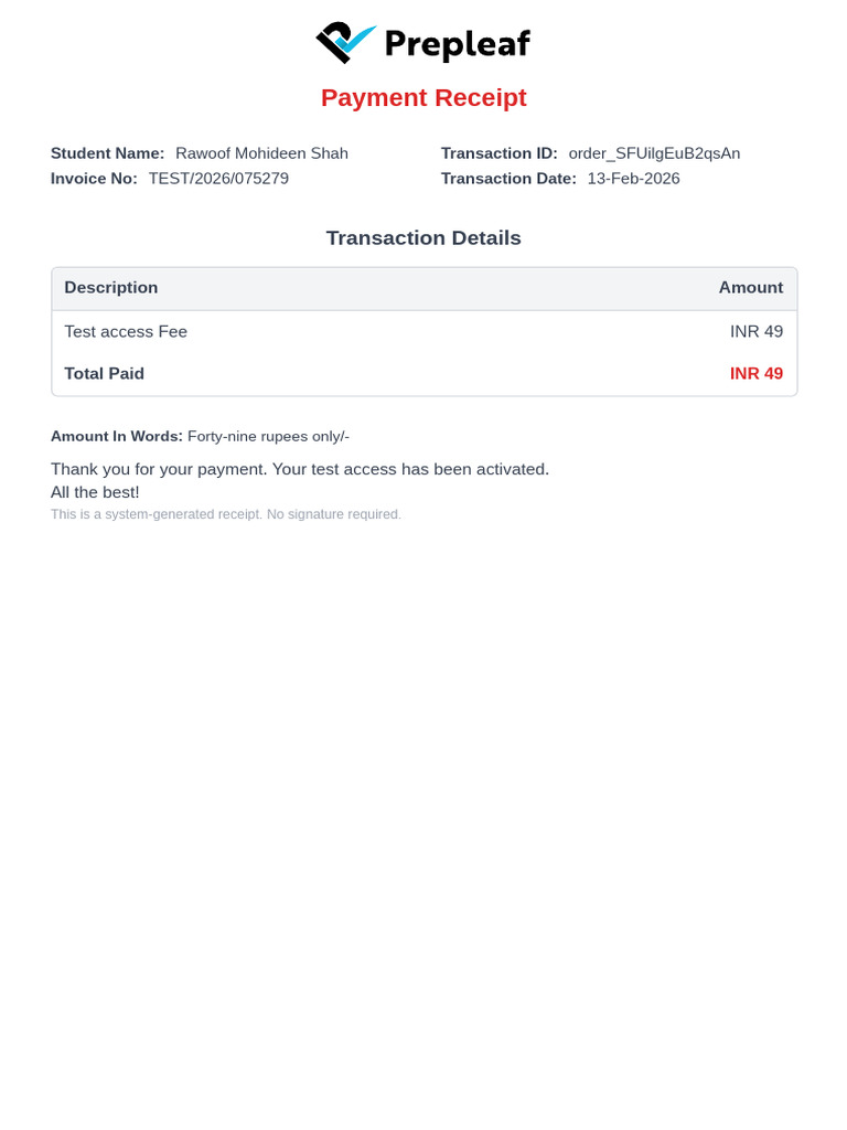 Entrance Exam Receipt | PDF