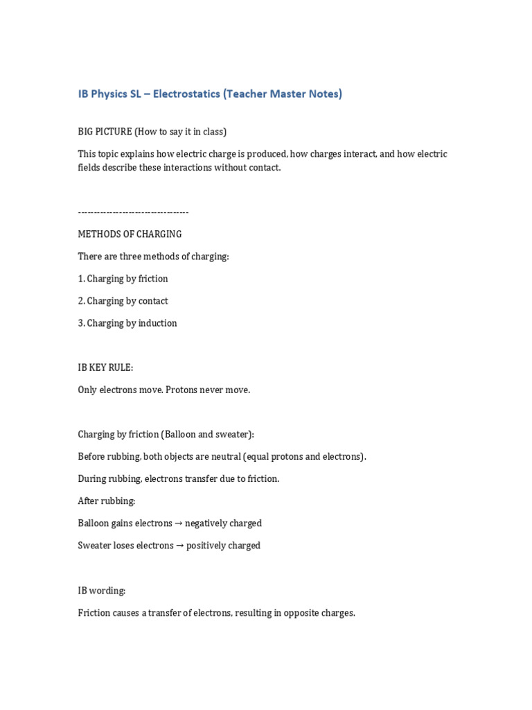 IB Physics SL Electrostatics Master Notes | PDF | Electric Charge ...