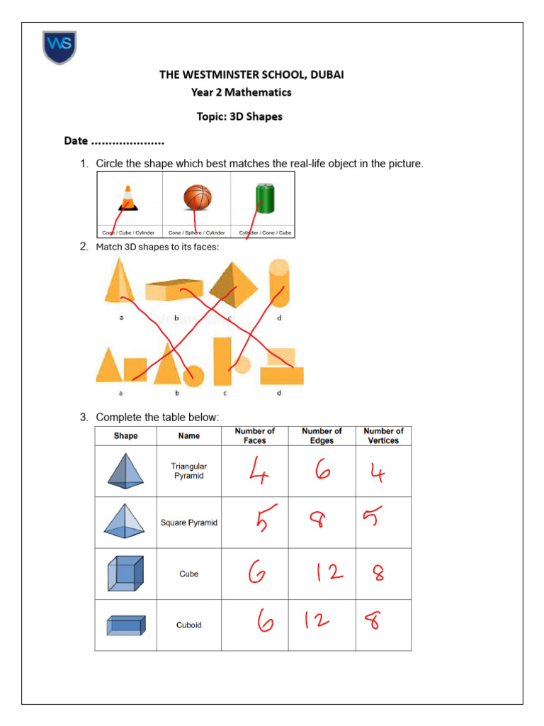 3D Shapes Practice Worksheet - Answer Key 1 | PDF