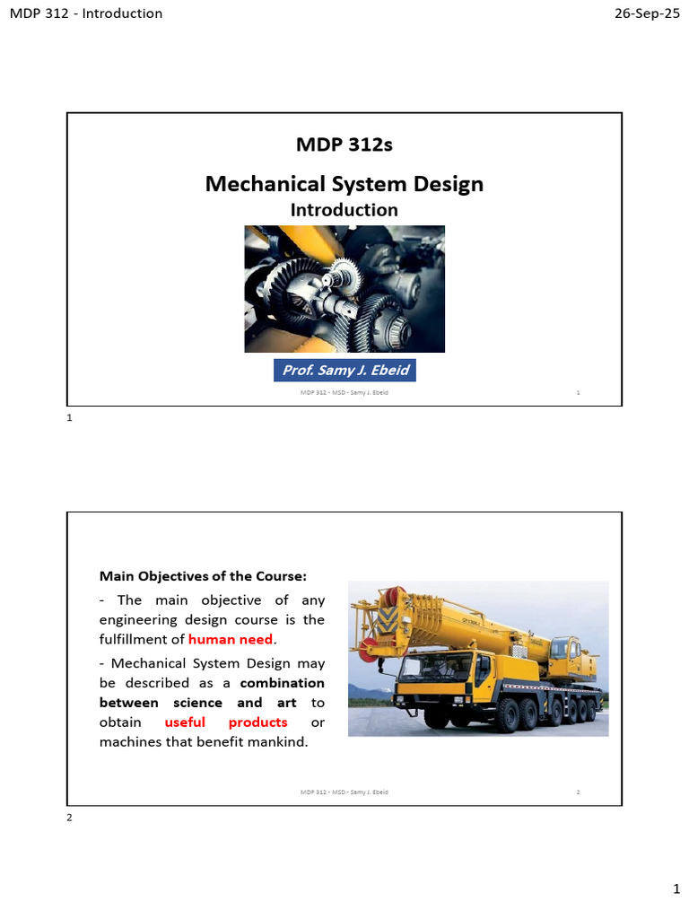 A1 Mechanical System Design - Introduction - Stds - Fall 2025 | PDF ...