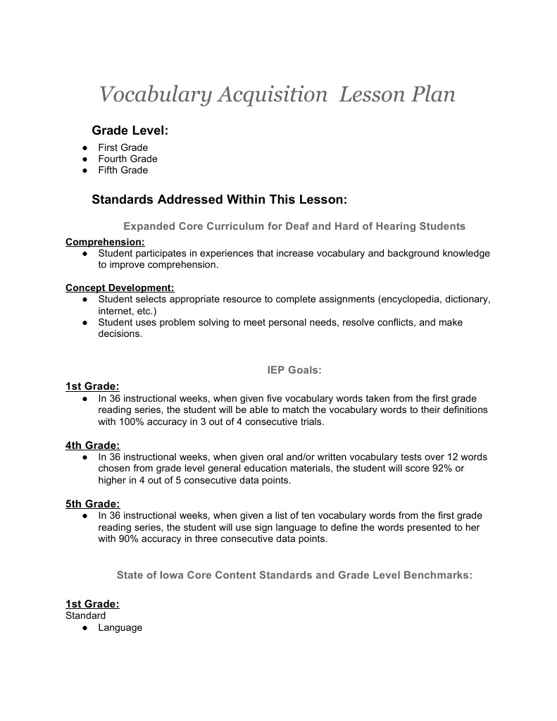 Vocabulary Acquisition Lesson Plan: Grade Level | PDF | Vocabulary ...