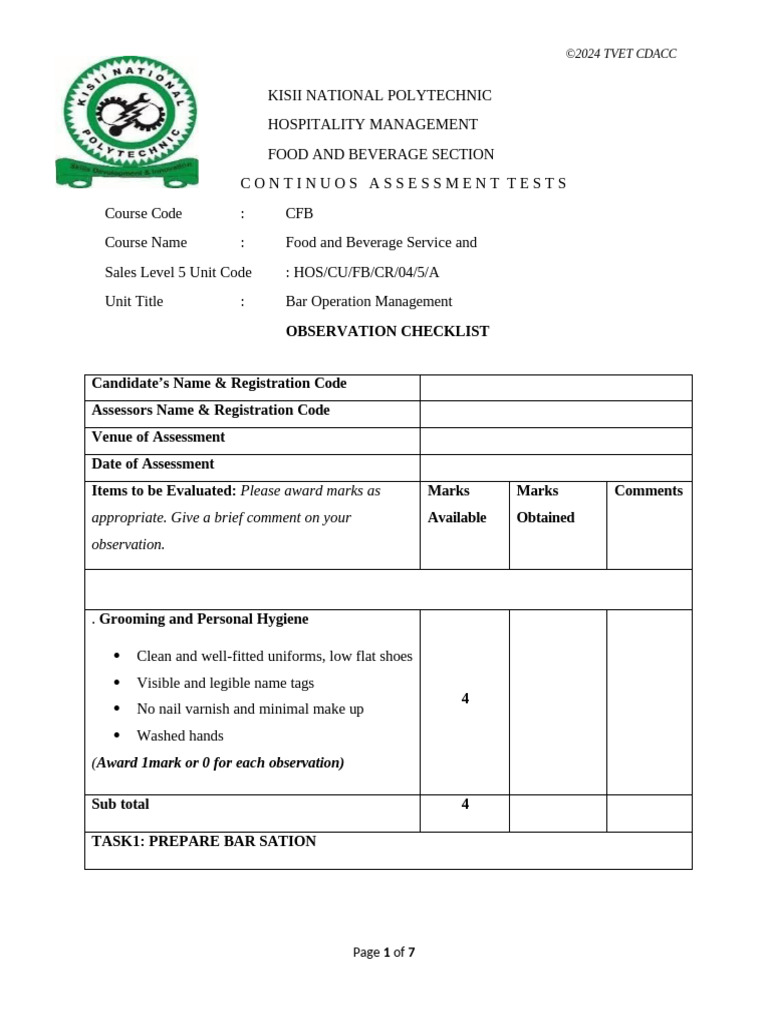 Observation Checklist Manage Bar Operations 2 | PDF | Drink