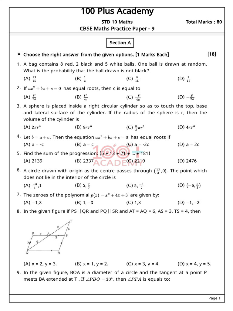 Class 10th Cbse Maths Practice Paper - 9 | PDF | Sphere | Circle