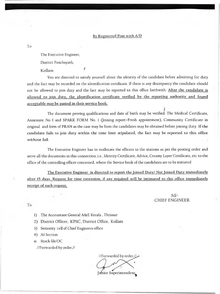 Appointment Order of Office Attendant - Kollam | PDF